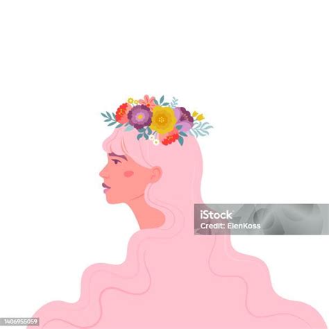 여성 정신 건강 지원 머리에 꽃 화환 온라인 심리 치료 긍정적 인 마음과 생각 가공의 인물에 대한 스톡 벡터 아트 및 기타 이미지 가공의 인물 건강관리와 의술