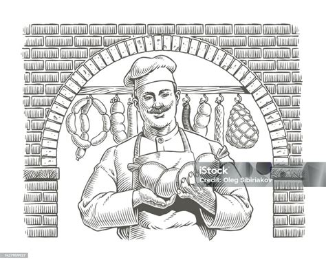 정육점은 도살장에 소시지를 들고 있습니다 육류 공장 생산 노동자 소시지 제품 및 육류 진미 유니폼과 앞치마를 입은 요리사 조각