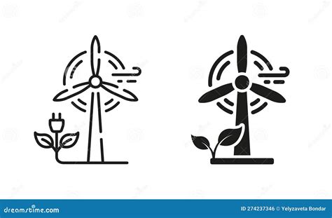 Ecology Windmill Line And Silhouette Icon Color Set Eco Renewable