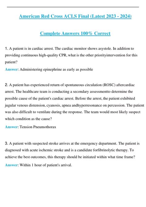 American Red Cross Acls Final Latest 2024 2025 Complete Answers 100 Correct American Red