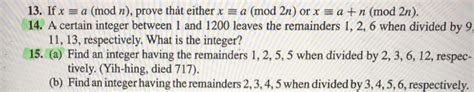 Solved 15 A Find An Integer Having The Remainders 1255