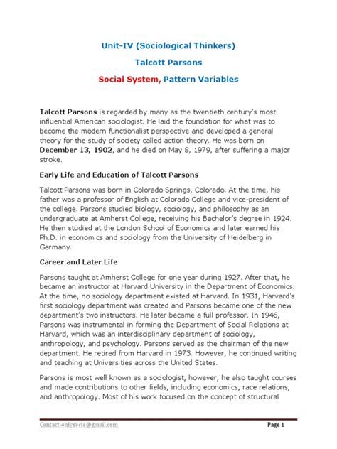 Social System Unit Iv Sociological Thinkers Talcott Parsons Pattern Variables Pdf Social
