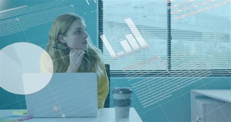 Image Of Statistical Data Processing Over Thoughtful Caucasian Woman