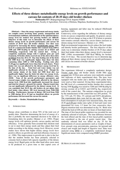 Pdf Effects Of Three Dietary Metabolizable Energy Levels On Growth Performance And Carcass Fat
