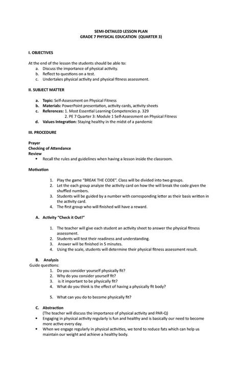 semi detailed lp semi detailed lesson plan grade 7 physical