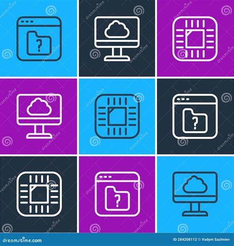 Set Line File Missing Processor With Cpu And Cloud Technology Data Transfer Icon Vector Stock