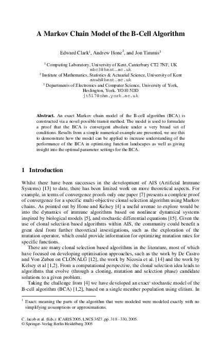 Pdf A Markov Chain Model Of The B Cell Algorithm