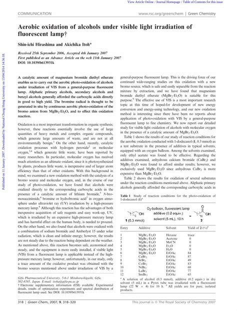 Pdf Aerobic Oxidation Of Alcohols Under Visible Light Irradiation Of Fluorescent Lamp