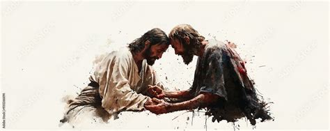 Jesus Curing A Leper Touching Scene In Watercolor Compassion And