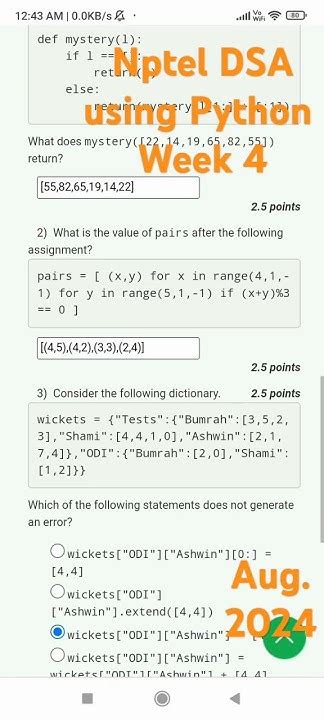Nptel Dsa Python Week 4 Quiz Nptelanswers Viralshort Youtube