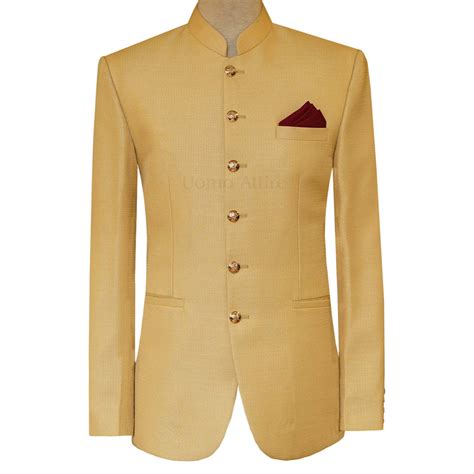 Self Textured Simple Golden Prince Coat Uomo Attire