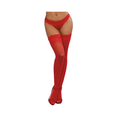 Dreamgirl Sheer Thigh High Stockings With Silicone Lace Top Red Os