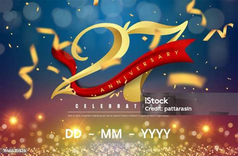 골드와 블루 배경 27 년 기념일 로고 템플릿 27 빨간 리본 벡터와 색종이 고립 된 디자인 요소와 황금 숫자를 축 하 광고에 대한 스톡 벡터 아트 및 기타 이미지 Istock