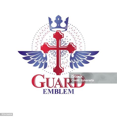 종교적 그래픽 상징 십자가 제국 크라운 천사 날개 기독교 십자가 사용 하 여 만들어집니다 팔의 문장 학 외 투 빈티지 벡터에 고립 된 흰색 배경 서명 국왕에 대한 스톡 벡터