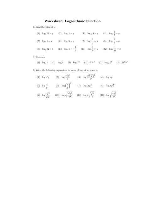 Logarithmic Function Worksheet Pdf