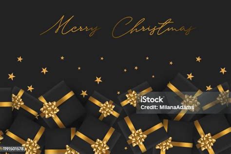 메리 크리스마스 인사말 카드입니다 블랙 고급스러운 디자인 표면에 황금 리본과 활 골드 별 색종이 와 상자를 제공합니다 손으로 쓴 글자 사실적인 벡터 일러스트레이션 12월에