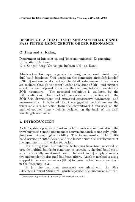 Pdf Design Of A Dual Band Metamaterial Band Pass Filter Using Zeroth