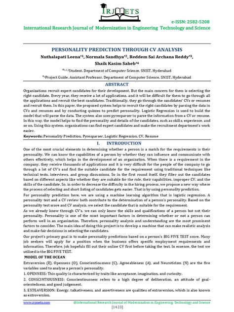 Personality Prediction System Via Cv Analysis Pdf Machine Learning