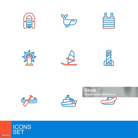 모터 스피드 보트 카약 및 외륜 등대 선박 스티어링 휠 윈드 서핑 줄무늬 선원 티셔츠 및 고래 아이콘과 함께 풍선 보트를 설정하십시오 벡터 0명에 대한 스톡 벡터 아트 및