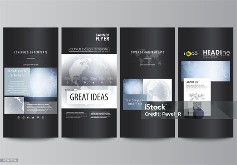 4 개의 수직 배너의 편집 레이아웃의 검은 색된 최소한의 벡터 일러스트 레이 션 전단지 디자인 비즈니스 템플릿 미래 네트워크 셰이프를 추상화 합니다 첨단 기술 배경 0명에