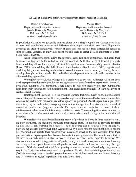 Pdf An Agent Based Predator Prey Model With Reinforcement Learning