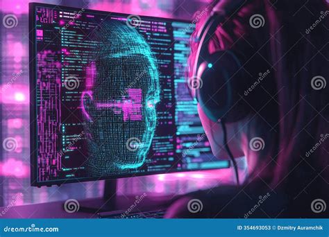 A Girl With A Tech Enhanced Face Sits Before A Monitor Showing A Digital Visage Stock Image