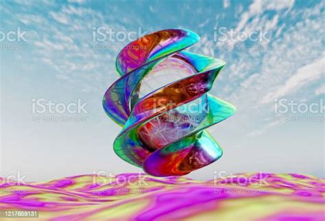 시원한 추상적 인 디자인 유리 달걀의 미래 지향적 인 물체와 그 주위에 금속 나선형 무지개 색상입니다 3d 렌더링 수소 천연가스에 대한 스톡 사진 및 기타 이미지 Istock