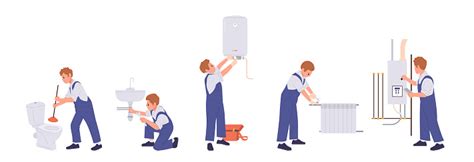 전문 배관공 노동자 홈 마스터 만화 캐릭터 직장에서 흰색 배경에 고립 된 세트 연관공에 대한 스톡 벡터 아트 및 기타 이미지 연관공 기체 물리 구조 벡터 Istock