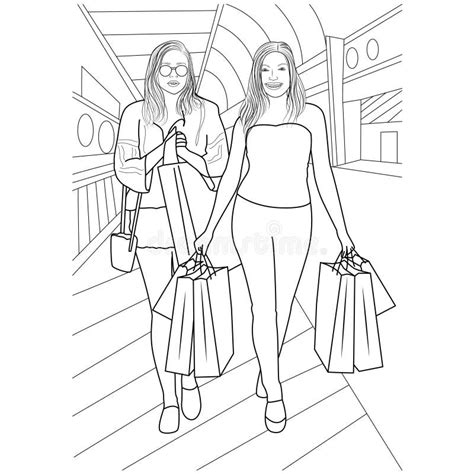 Happy Girls Enjoying Shopping Trip Outline Illustration Outline