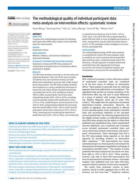 Pdf The Methodological Quality Of Individual Participant Data Meta Analysis On Intervention