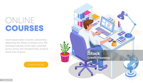 온라인 교육의 현대 평면 디자인 등대 개념 방문 페이지 템플릿입니다 책상에 앉아 온라인 과정을 수강하는 학생 캐릭터 웹 배너 인포그래픽 및 웹 사이트에 사용할 수 있습니다