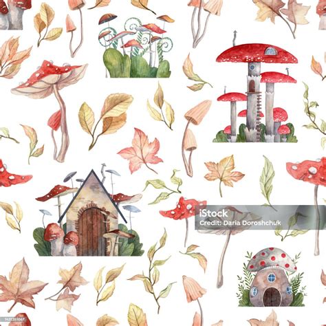 귀여운 가을 버섯 집과 시든 잎이있는 호박이있는 정사각형의 이음새가 없는 패턴 수채화 손으로 그린 벽지 및 포장지 디자인 아늑한에 대한 스톡 벡터 아트 및 기타 이미지