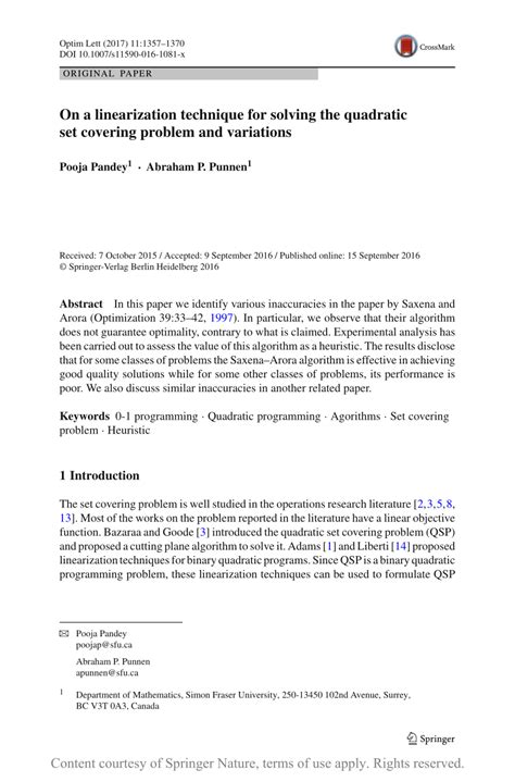 On A Linearization Technique For Solving Quadratic Set Covering Problem And Variations Request Pdf