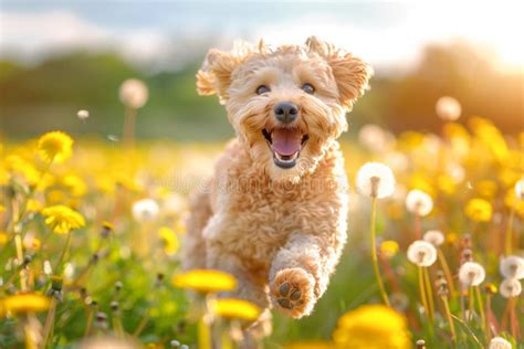 Cockapoo Dog Joyfully Running Through A Field Of Dandelions Stock