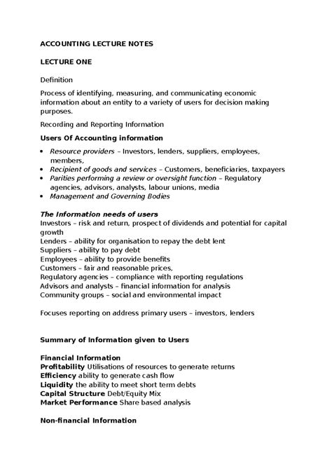 Accounting Lecture Notes Accounting Lecture Notes Lecture One Definition Process Of