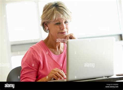 Mature Babe Using Computer In Class Stock Photo Alamy