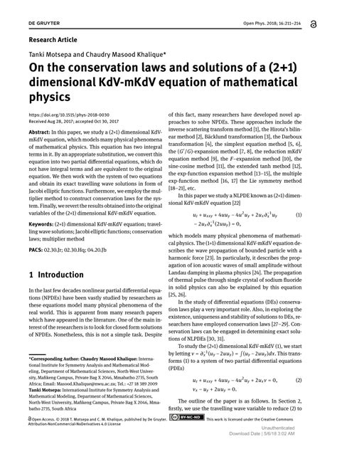 Pdf On The Conservation Laws And Solutions Of A 21 Dimensional Kdv