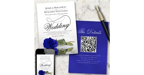 Elegant Royal Blue Rose Fancy Qr Code Wedding Invitation Zazzle