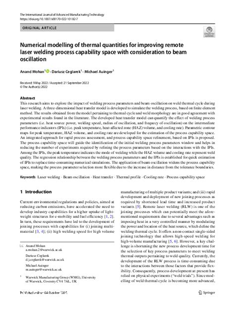 Pdf Numerical Modelling Of Thermal Quantities For Improving Remote Laser Welding Process