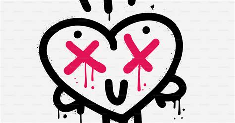 도시 낙서 웃는 얼굴 죽은 눈 복고풍 만화 캐릭터를 가진 재미있는 마음 티셔츠 스티커 또는 의류 상품에 대한 질감 벡터 그림입니다 발렌타인 데이 마스코트 벡터