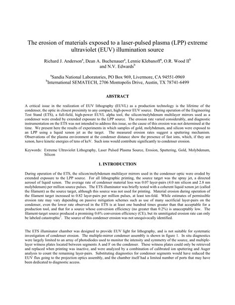 Pdf The Erosion Of Materials Exposed To A Laser Pulsed Plasma Lpp Extreme Ultraviolet Euv