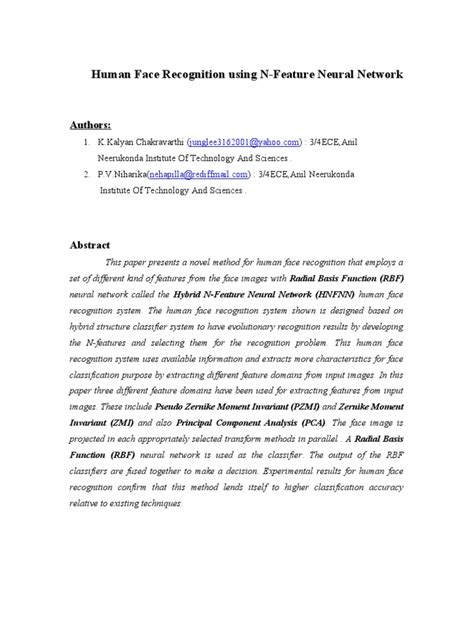 Human Face Recognition Using N Feature Neural Network Authors Pdf Artificial Neural Network