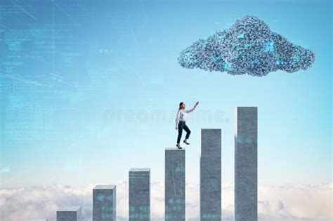 Female On Concrete Chart Bars Under Abstract Digital Cloud With