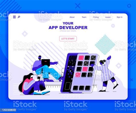 앱 개발 방문 페이지 벡터 템플릿입니다 모바일 장치 소프트웨어 프로그래밍 웹 사이트 헤더 Html에 대한 스톡 벡터 아트 및