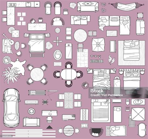 디자인 인테리어 및 건축 프로젝트에 대한 평면도 아이콘 설정 호텔 스파 레크리에이션 지역의 레이아웃에 대한 상위 보기의 가구 아이콘 리조트 아파트 컬렉션 벡터 평면도에 대한