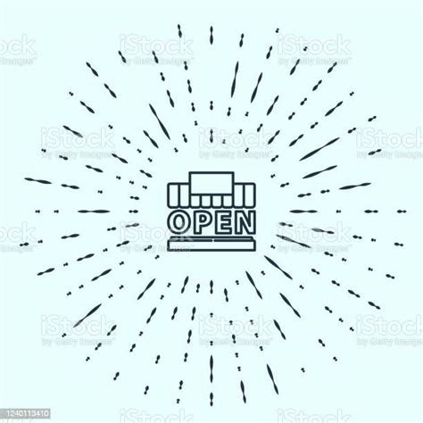 검은 선 쇼핑 건물 또는 시장 상점 및 회색 배경에 격리 된 텍스트 열기 아이콘 쇼핑 건설 추상 원 임의의 점 벡터 일러스트레이션 가능성에 대한 스톡 벡터 아트 및 기타