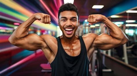Excited Young Man Showing Biceps Premium Ai Generated Image