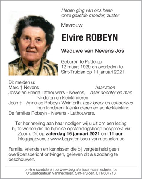 Elvire Robeyn † 11 01 2021 Inmemoriam