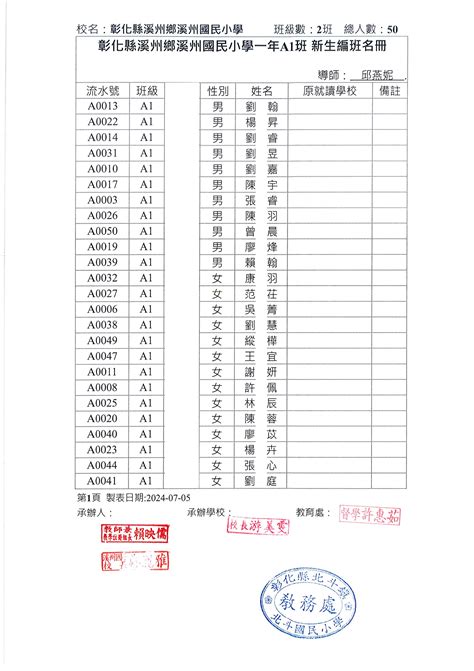113學年度新生編班結果 彰化縣溪州國民小學全球資訊網