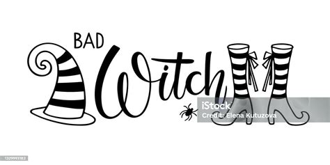 마녀 모자와 신발과 거미나쁜 마녀 텍스트 할로윈 가을 문자 기호 흑백 핸드 그린 벡터 일러스트레이션 할로윈 파티 장식 초대장 카드 티셔츠에 대한 재미있는 견적 10월에 대한